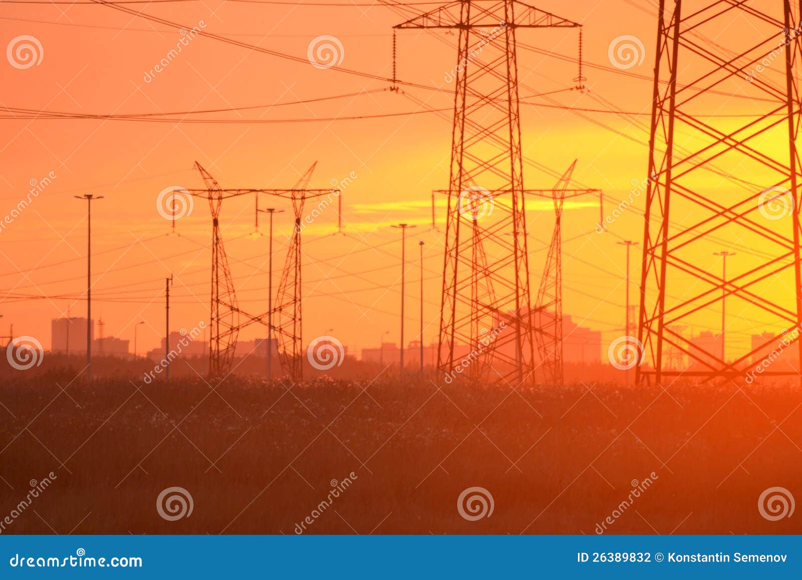 Electric Power Transmission Lines at Sunset Stock Photo - Image of ...