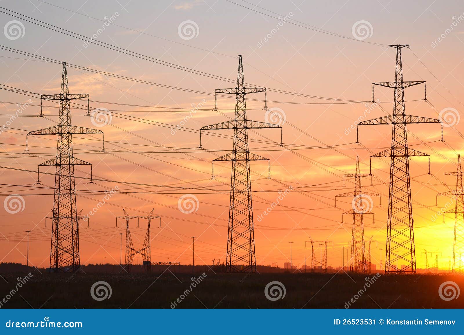 Electric Power Transmission Lines at Sunset Stock Image - Image of pole ...