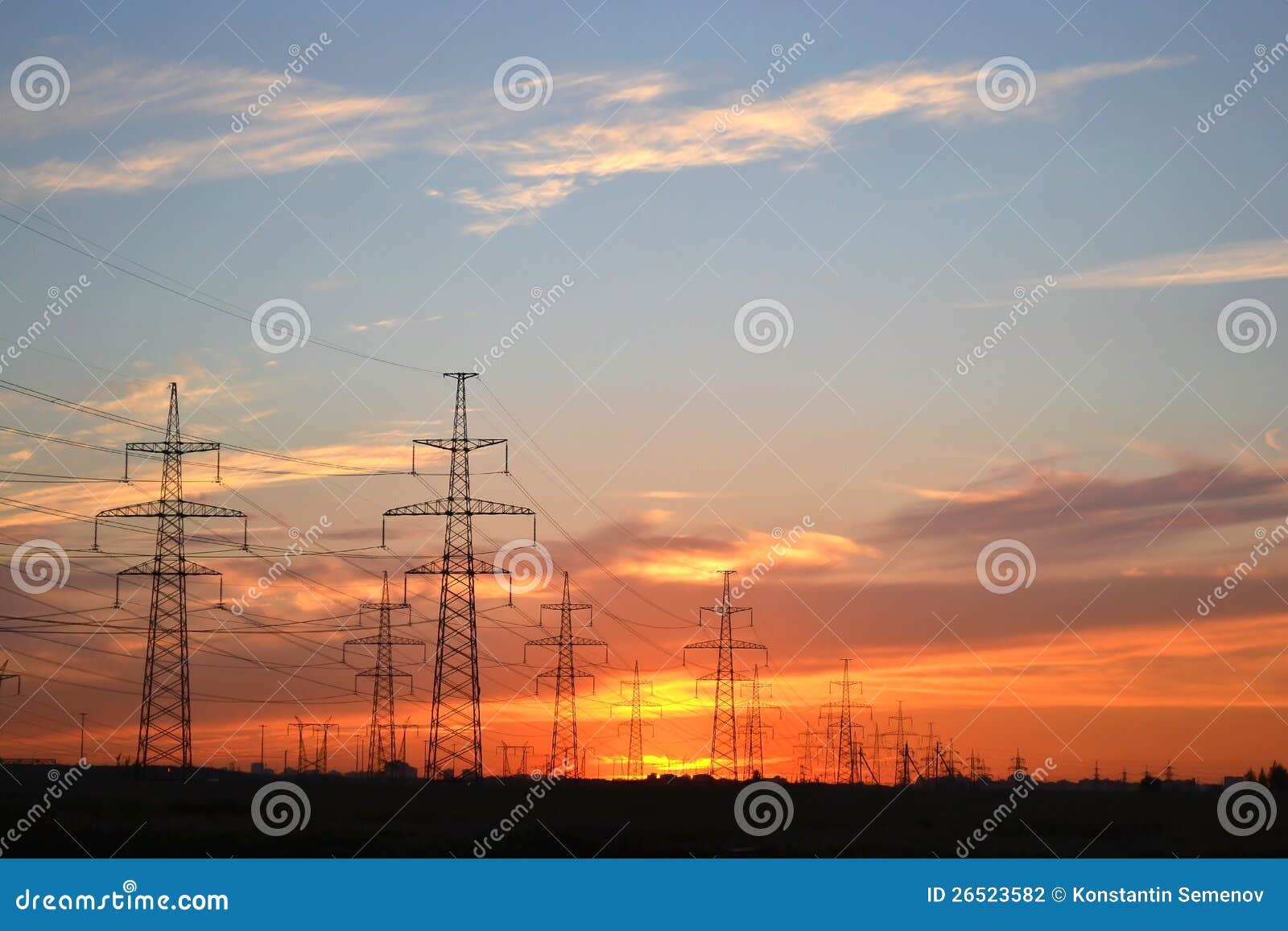 Electric Power Transmission Lines at Sunset Stock Photo - Image of ...