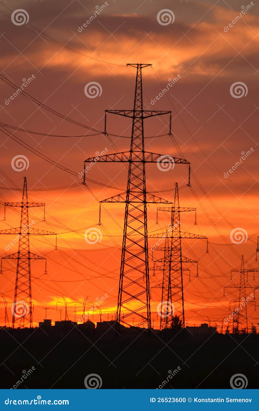 Electric Power Transmission Lines at Sunset Stock Photo - Image of ...