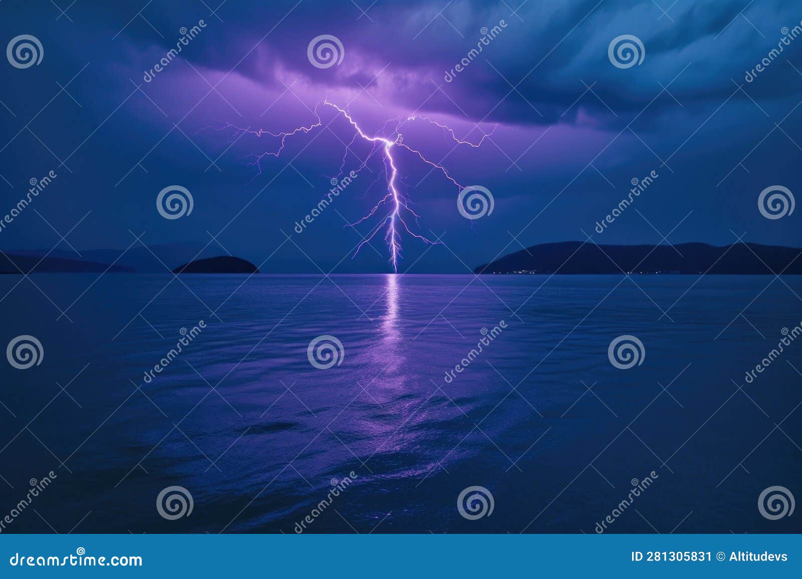 Electric Purple Lightning Bolt Contrasting with Deep Blue Ocean Stock ...