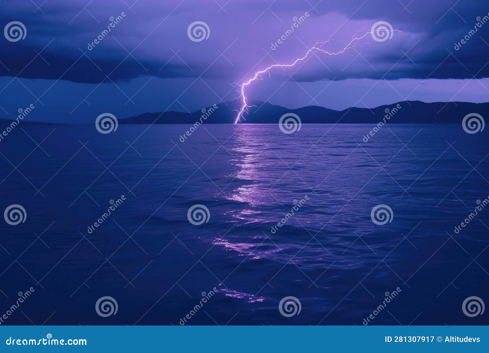 Electric Purple Lightning Bolt Contrasting with Deep Blue Ocean Stock ...