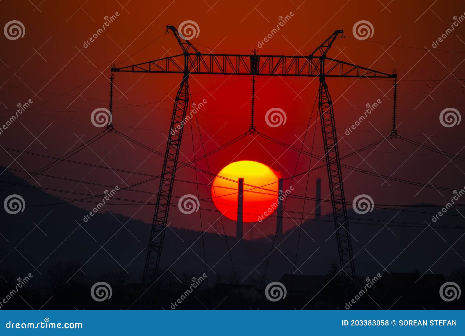 Solar Disk at the Sunset in Electric Pylon Stock Photo - Image of ...