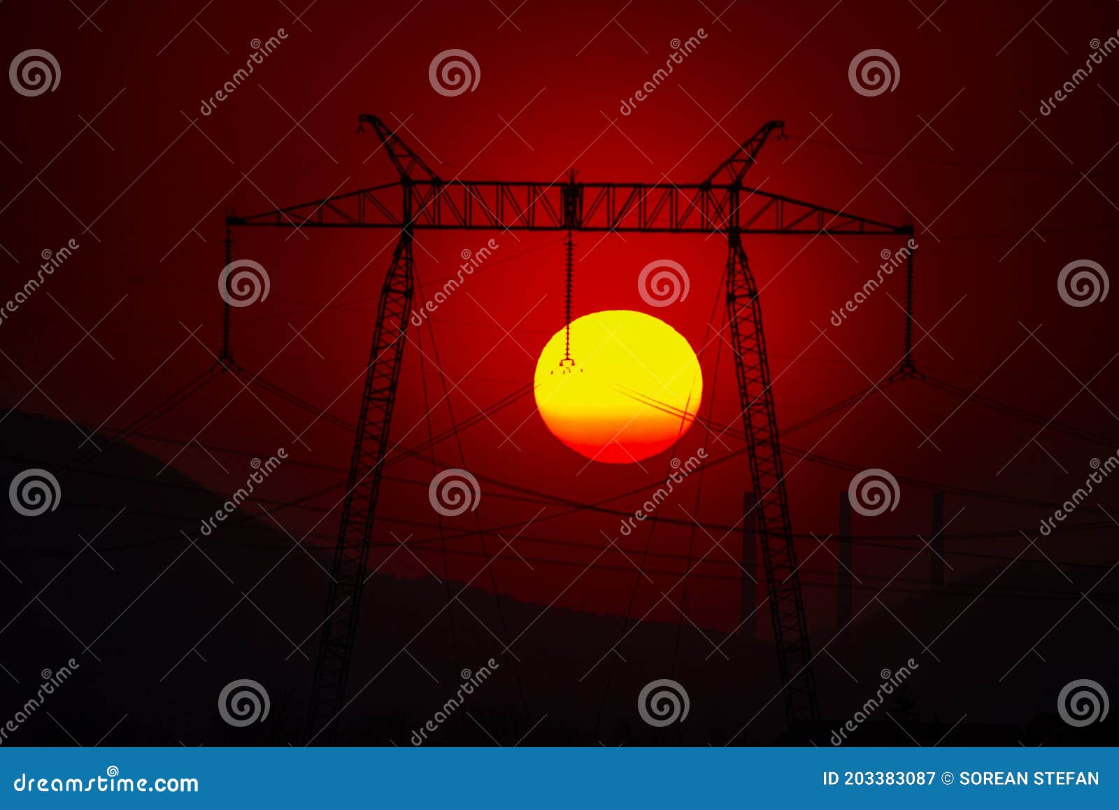 Solar Disk at the Sunset in Electric Pylon Stock Image - Image of ...