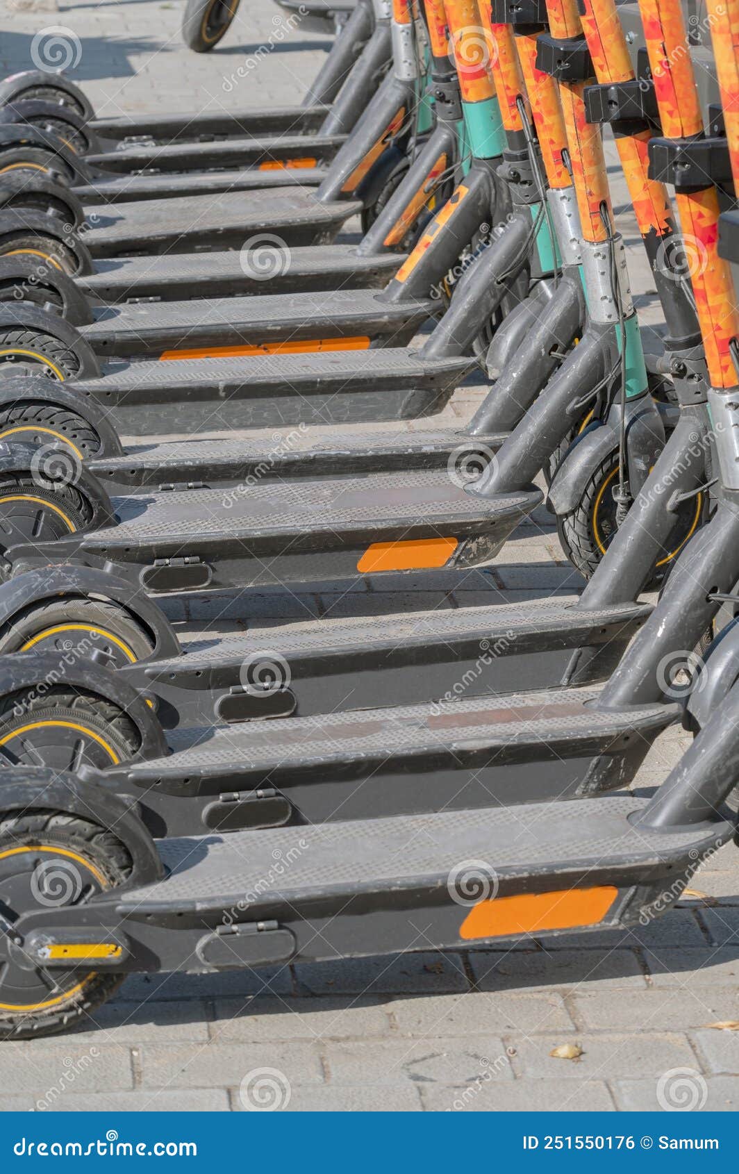 Electric Scooters in Row on Parking Lot Stock Photo - Image of motor ...
