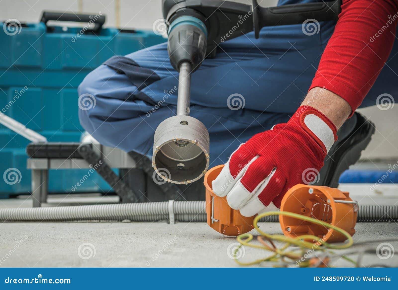 Electric Socket Box Drilling in Concrete House Walls Stock Photo ...