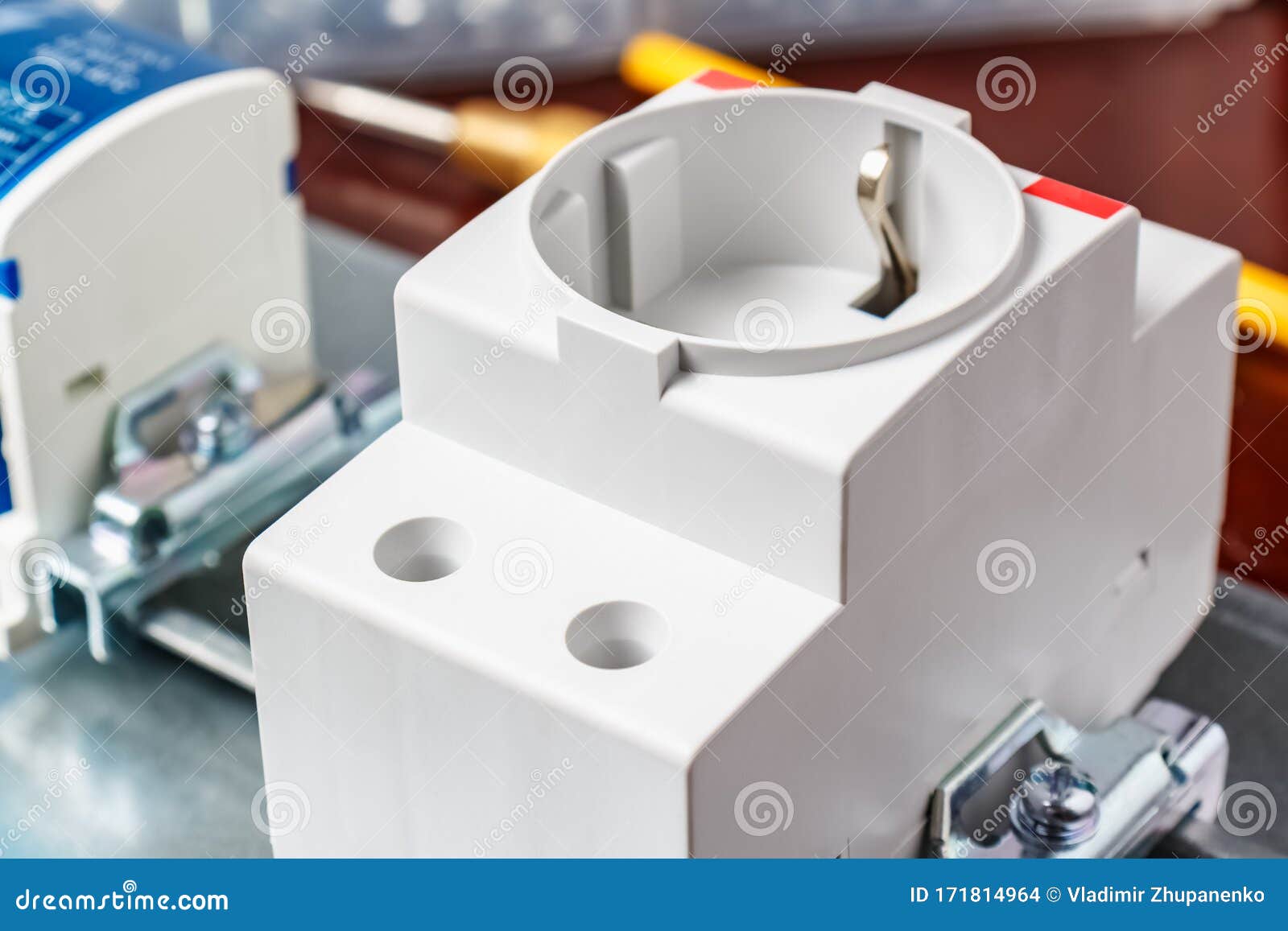Electric Socket in White Plastic Case Installed on DIN Rail of ...