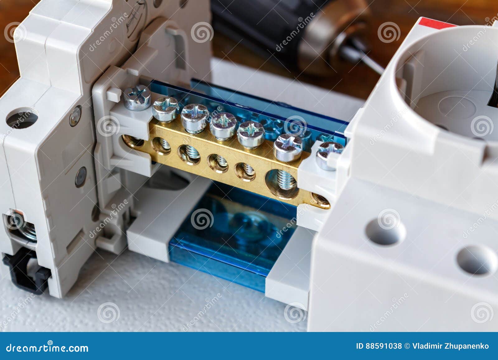 Electric Socket, Wire Terminal Block And Circuit Breaker On The ...