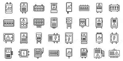 Electric Switchboard Icons Set. Set of Electrical Cabinet Icons Showing ...