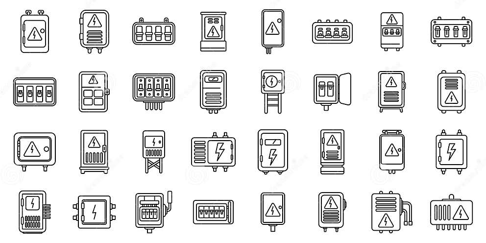 Electric Switchboard Icons Set. Set of Electrical Cabinet Icons Showing ...
