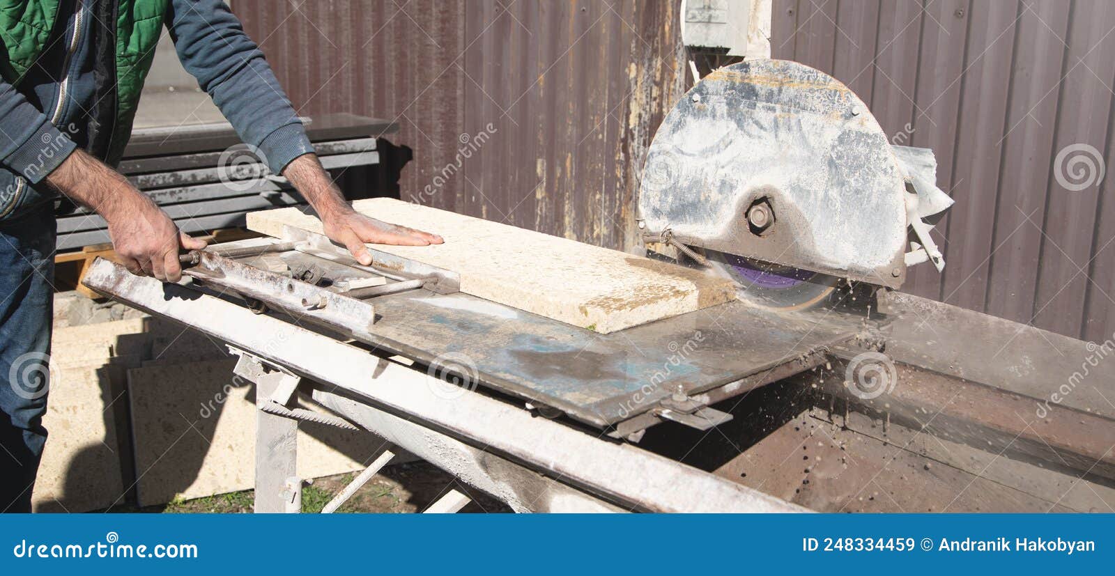 Electric Tile Cutter. Tiler Cutting Tile on Wet Saw Machine Stock Image ...