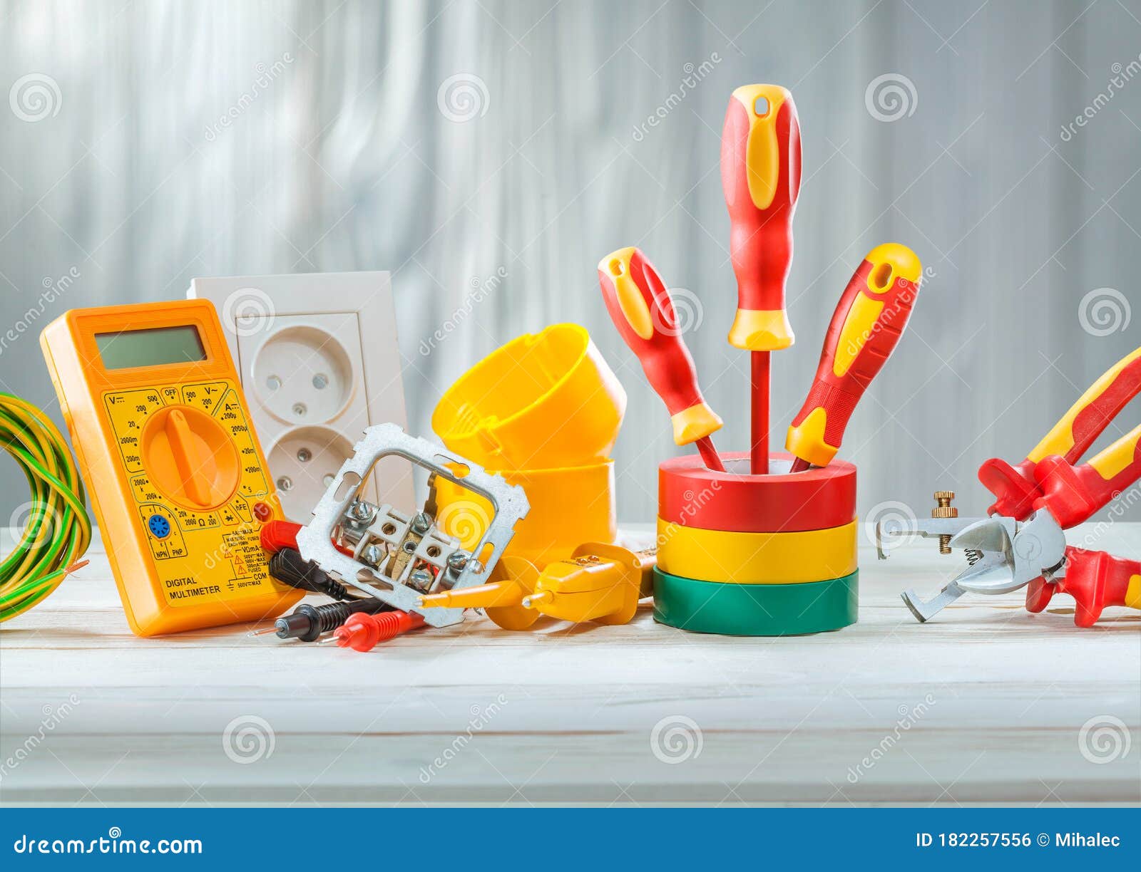 Electric Tools on Vintage White Painted Wooden Boards Stock Photo ...