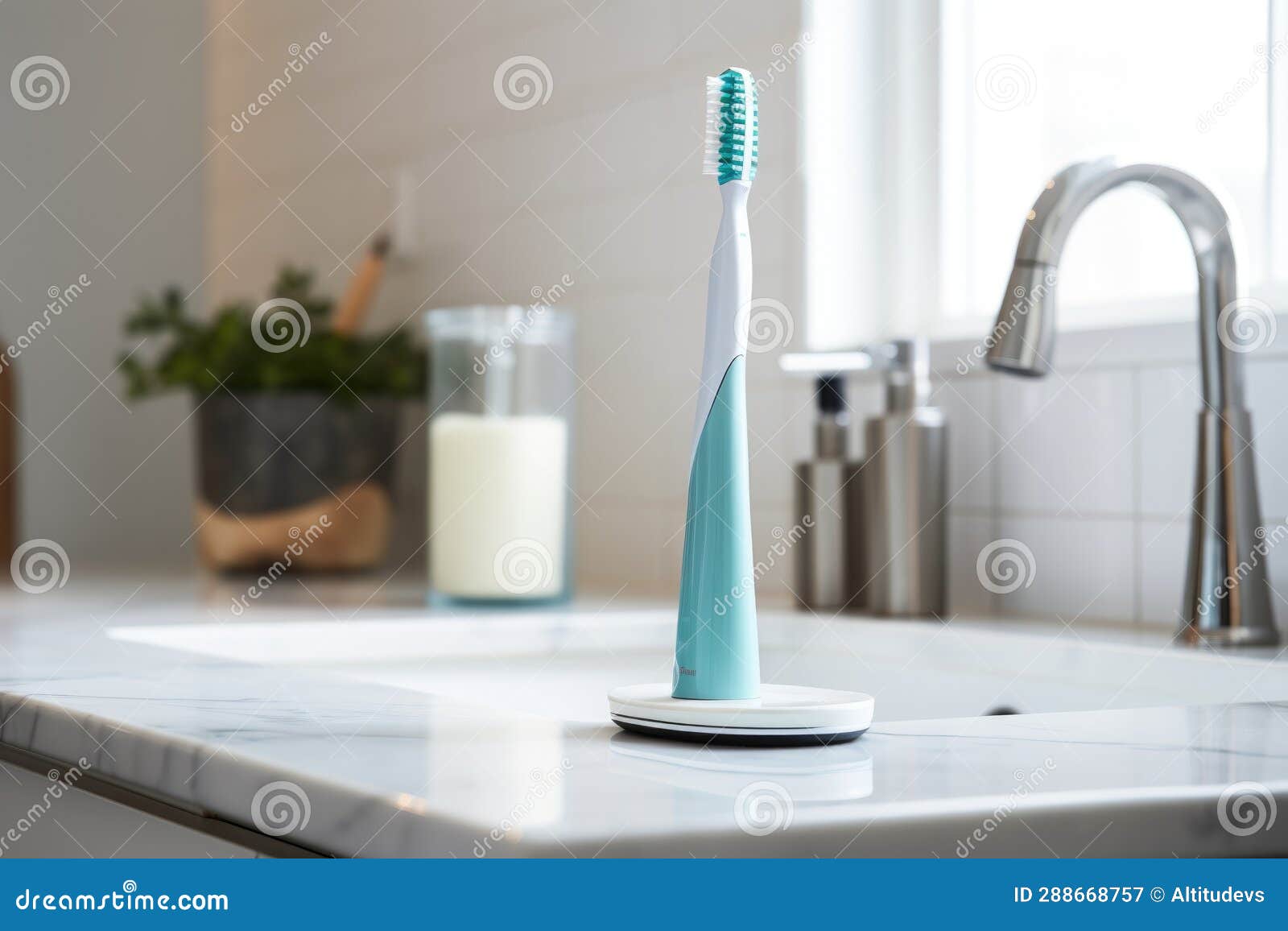 Electric Toothbrush Charging on Bathroom Counter Stock Image - Image of ...