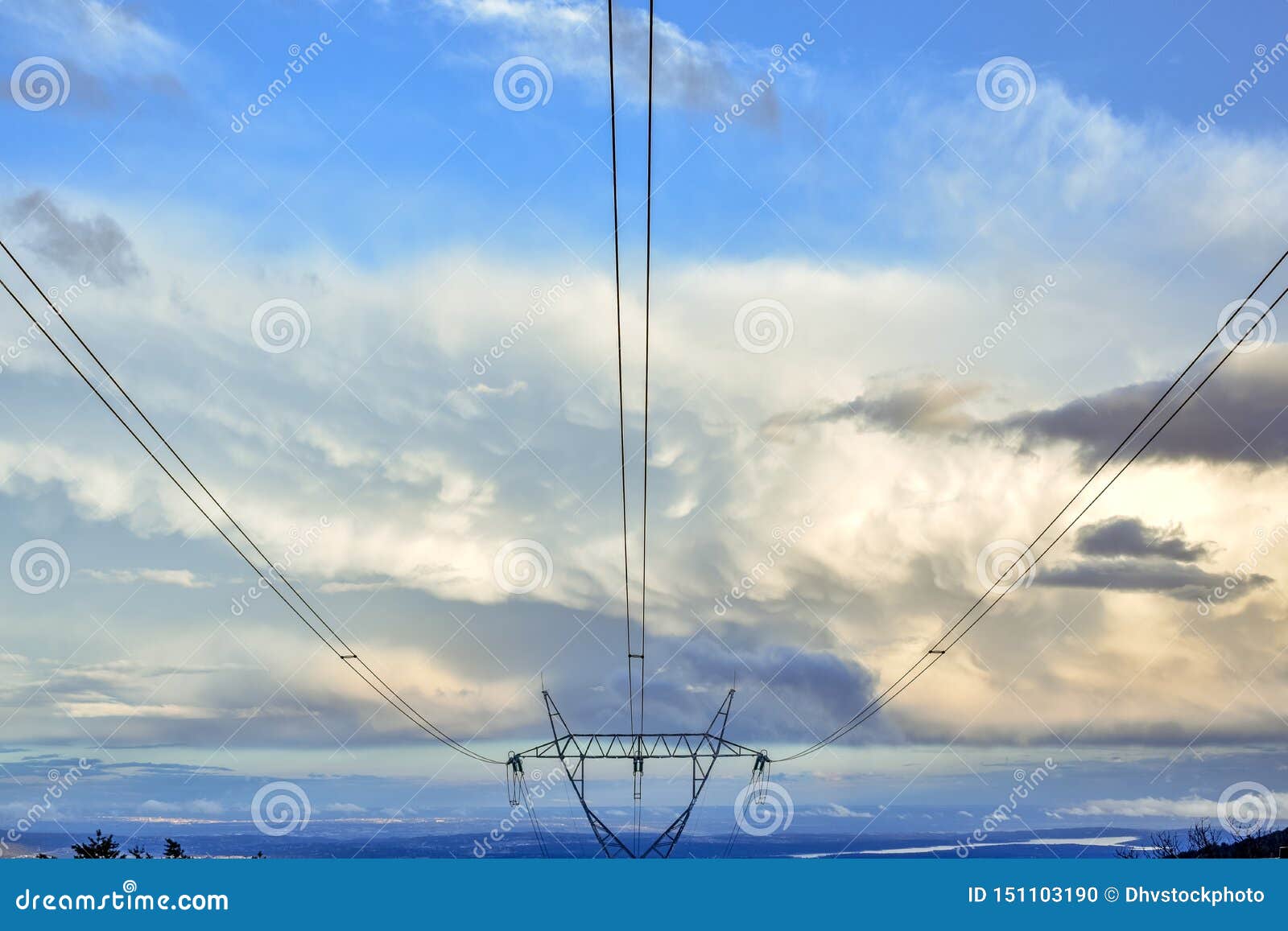 Electric Tower in Blue Sky with Clouds at Sunset Stock Photo - Image of ...