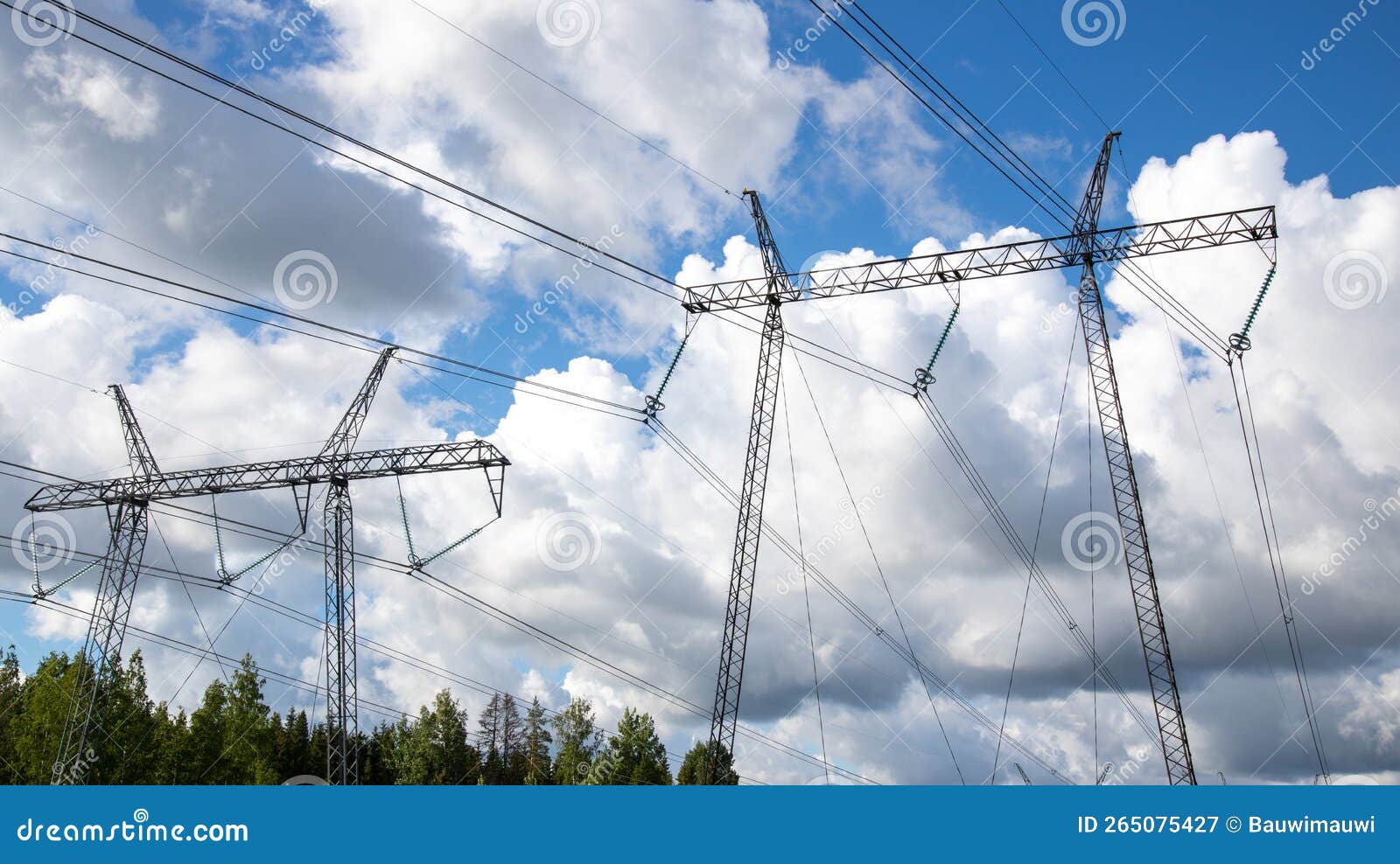 Electric Tower and Power Lines with Trees, Clouds and Blue Sky on ...