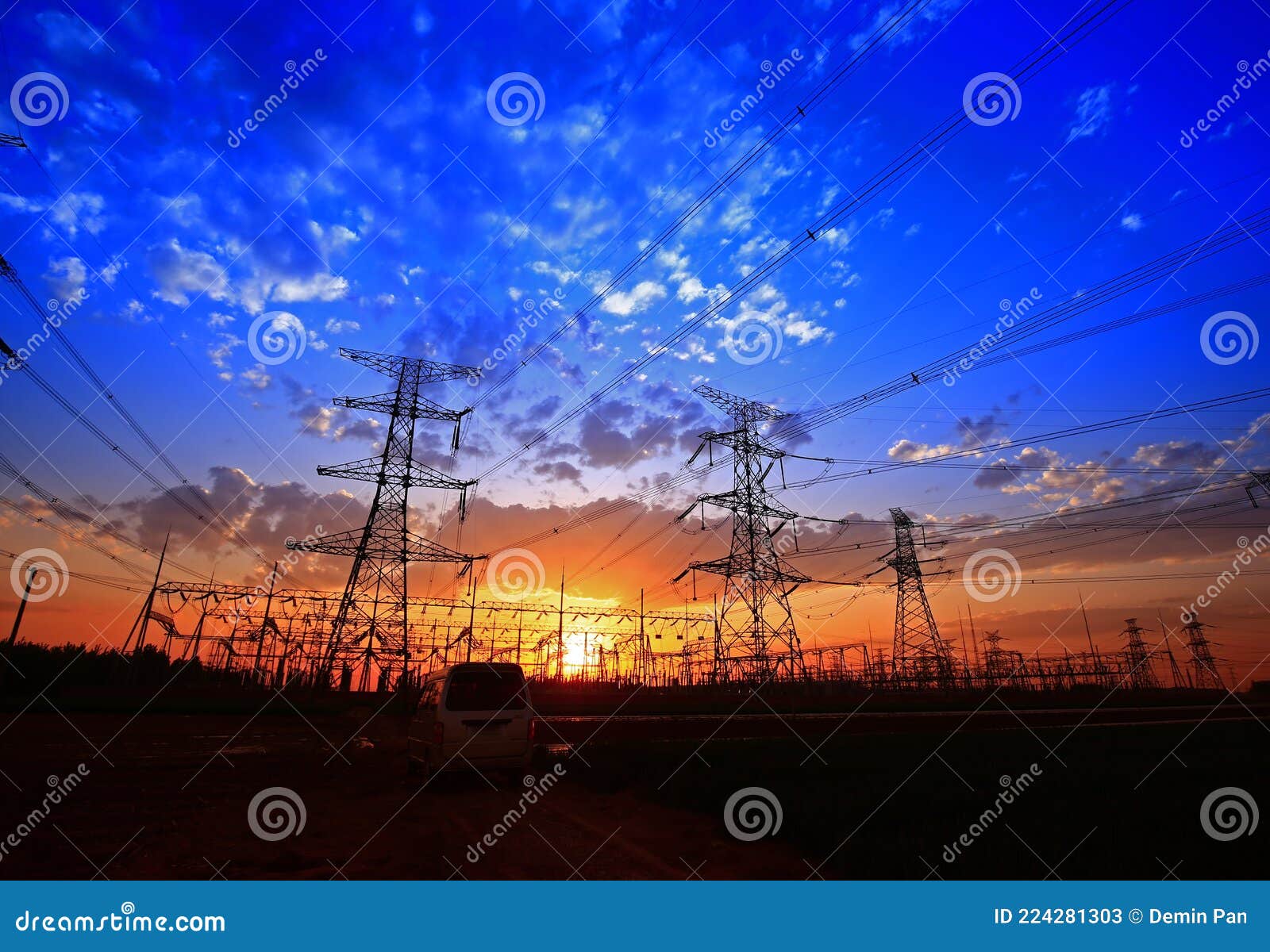 Electric Tower, Silhouette at Sunset Stock Image - Image of spark, line ...