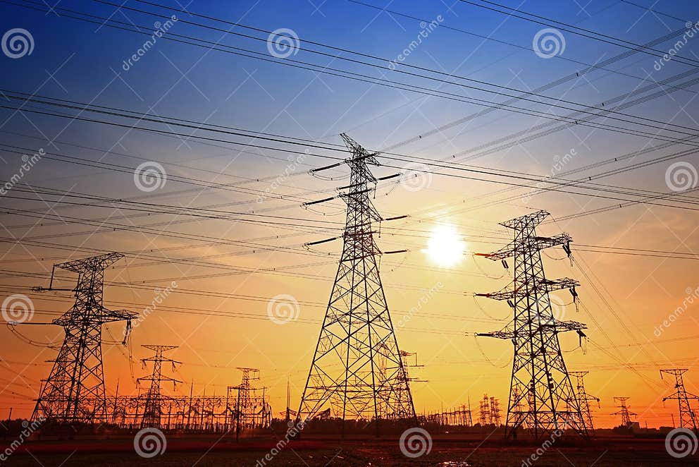 Electric Tower, Silhouette at Sunset Stock Image - Image of equipment ...
