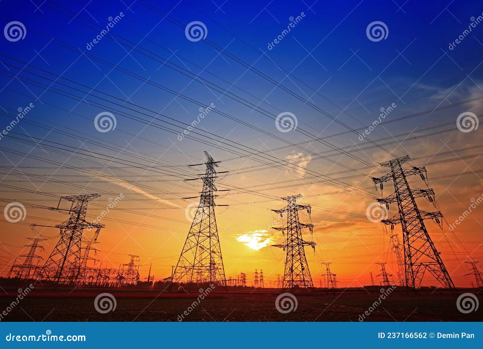 Electric Tower, Silhouette at Sunset Stock Photo - Image of danger ...