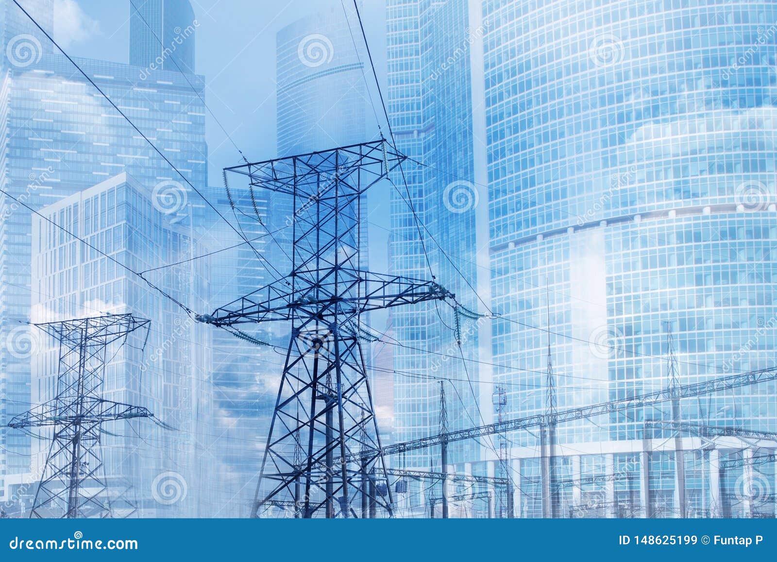 Electric Towers on the Background of the City Stock Image - Image of ...