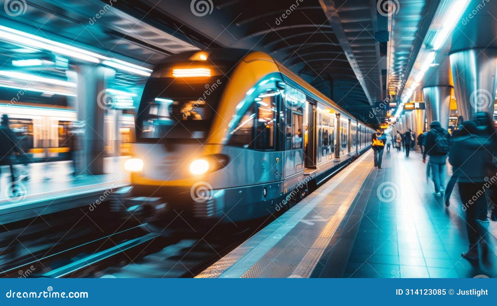 An Electric Train Pulling into a Busy Station with People Boarding and Disembarking. the Caption ...