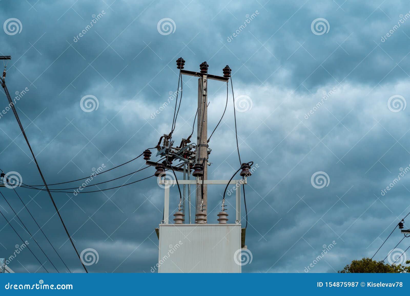 Electric Transformer on the Background of a Cloudy Sky. Power and Storm ...