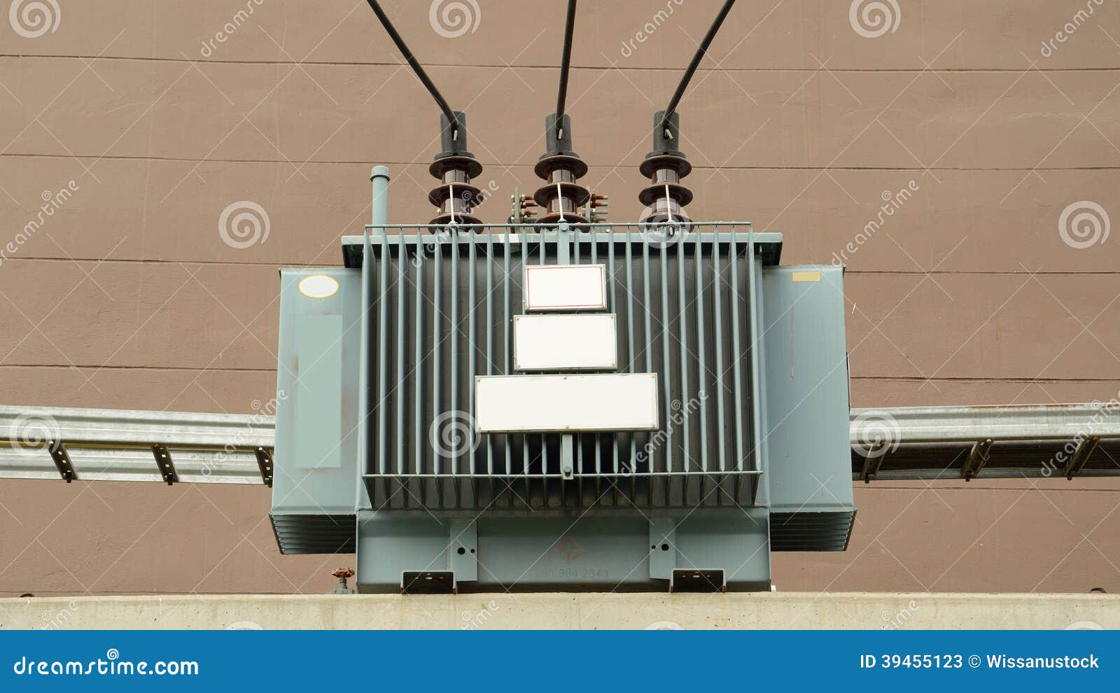 Transformer High Voltage Electricity Pole And Power Line With Blue ...