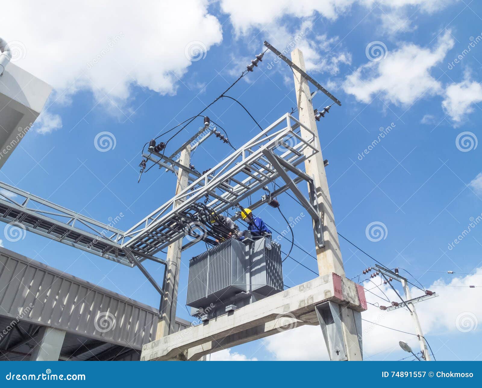 Electric Transformers And Wires Installed On Wooden Column. Low Voltage ...