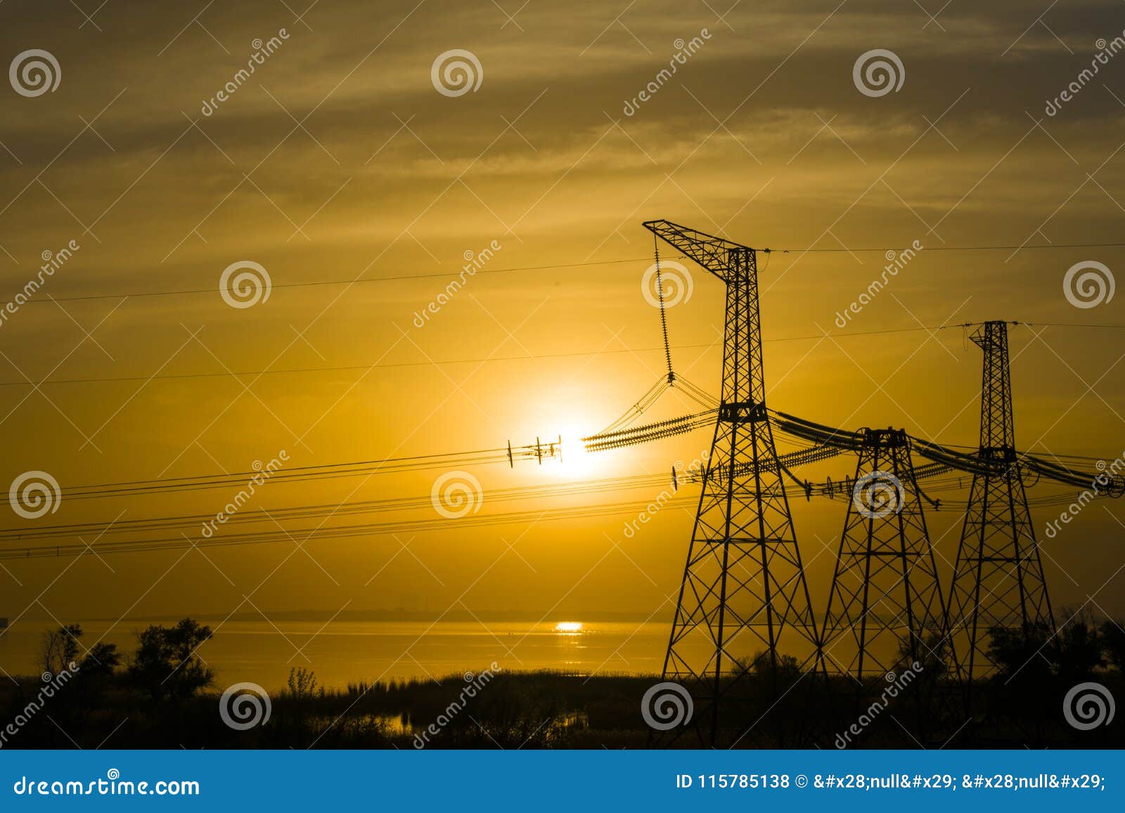 Electric Transmission Line on a Colorful Sunset Stock Photo - Image of ...