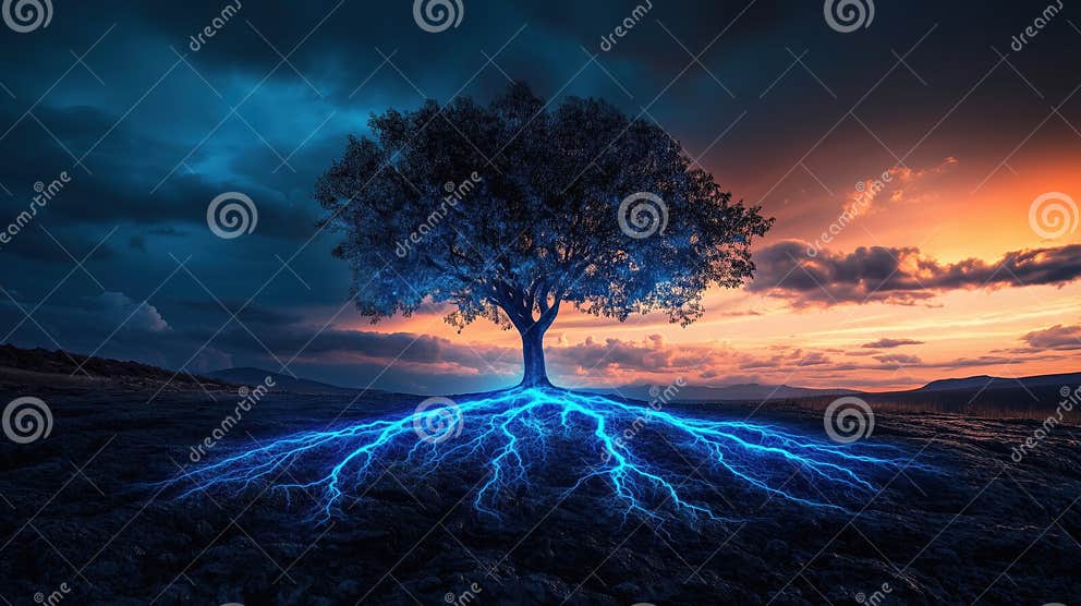 Electric Tree with Glowing Roots at Sunset Stock Photo - Image of scene ...