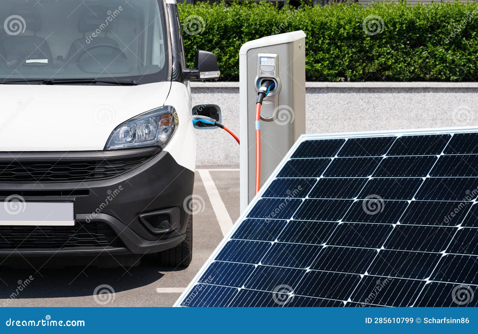 Electric Van with Charging Station and Solar Panel. Stock Image - Image ...
