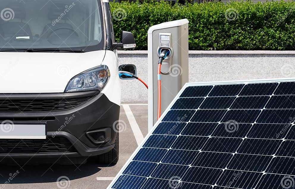 Electric Van with Charging Station and Solar Panel. Stock Image - Image ...