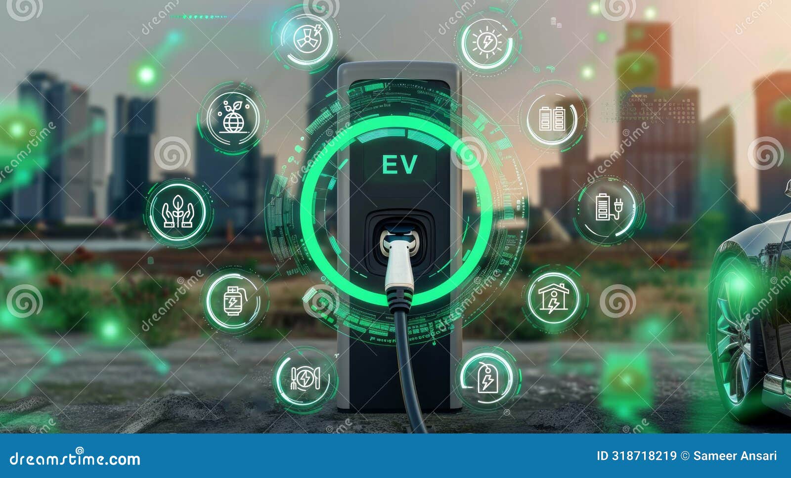 Electric Vehicle Charger with Virtual Digital EV Icons Stock ...