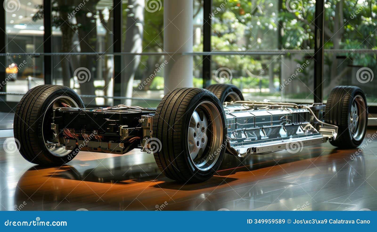 Electric Vehicle Chassis with Battery Pack Displayed in Modern Showroom ...