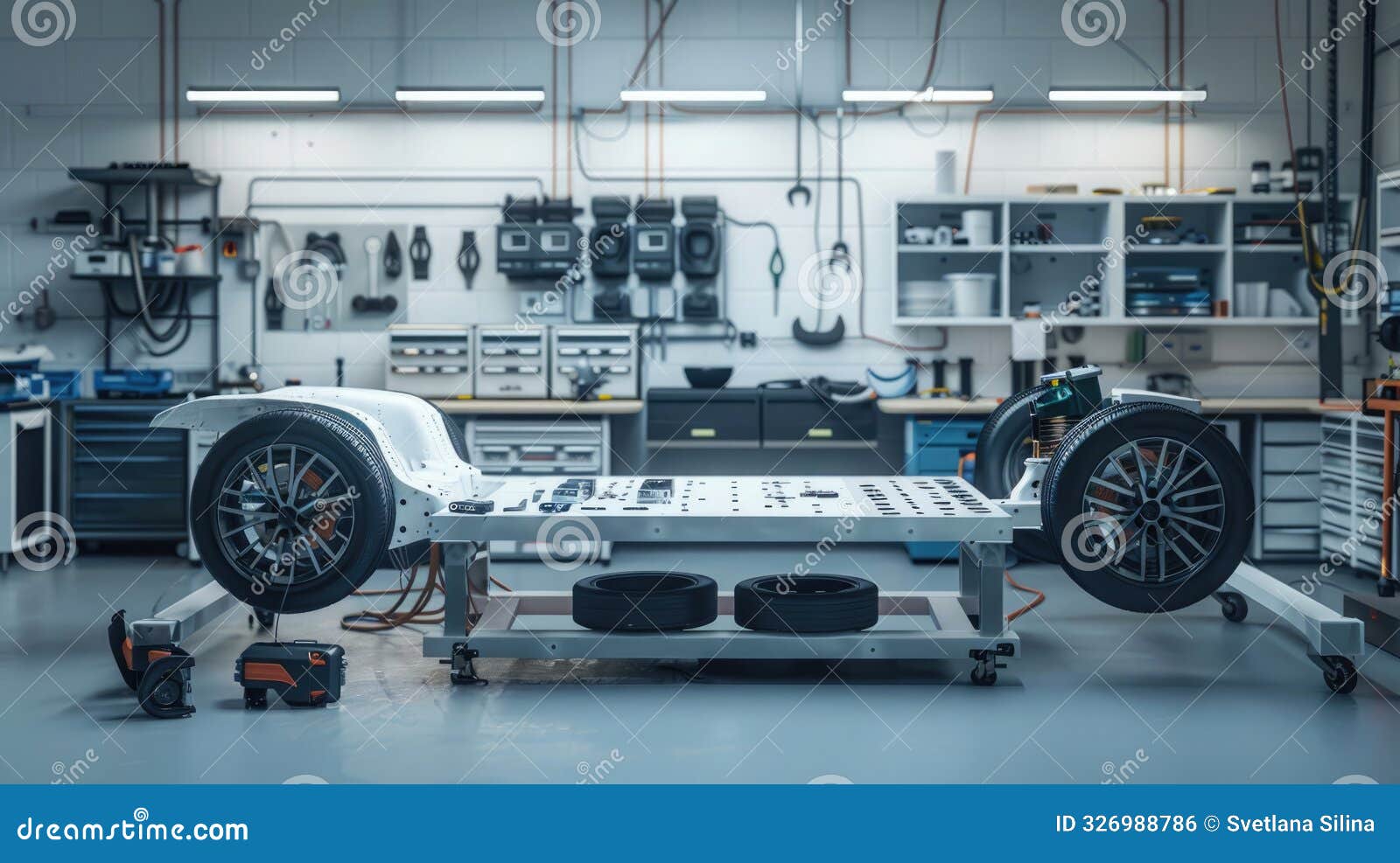 Electric Vehicle Components on Clean Workbench, Bright Lighting and ...