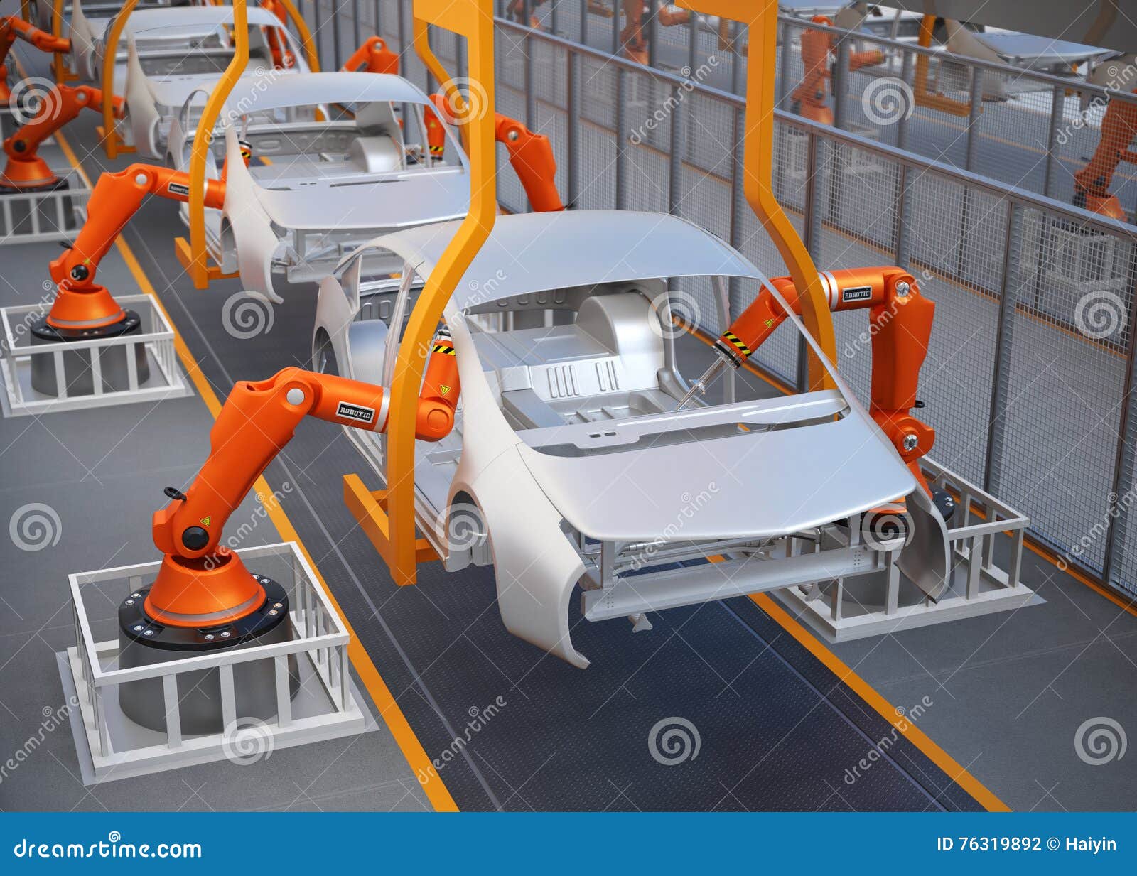 Assembly Line With Robotic Arms, Male Female Factory Worker Or Engineer ...