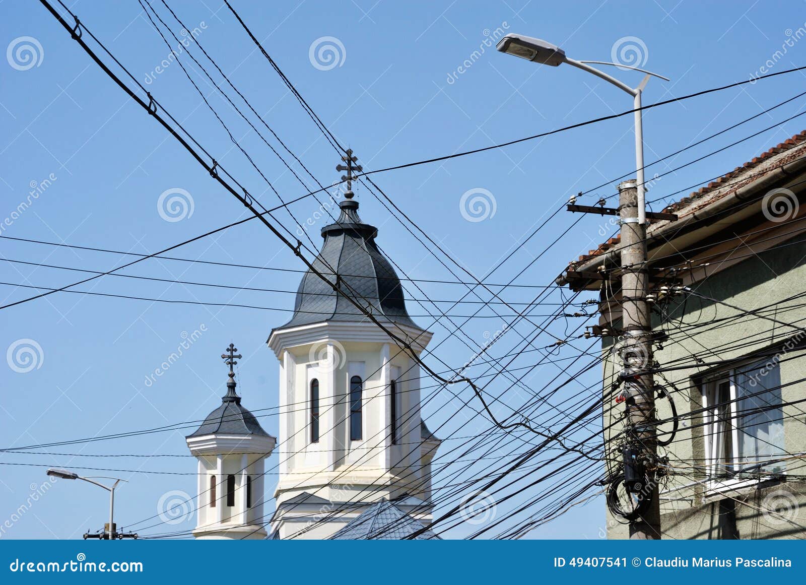 Electric Wires In Front Of A Colonial Old House Royalty-Free Stock ...