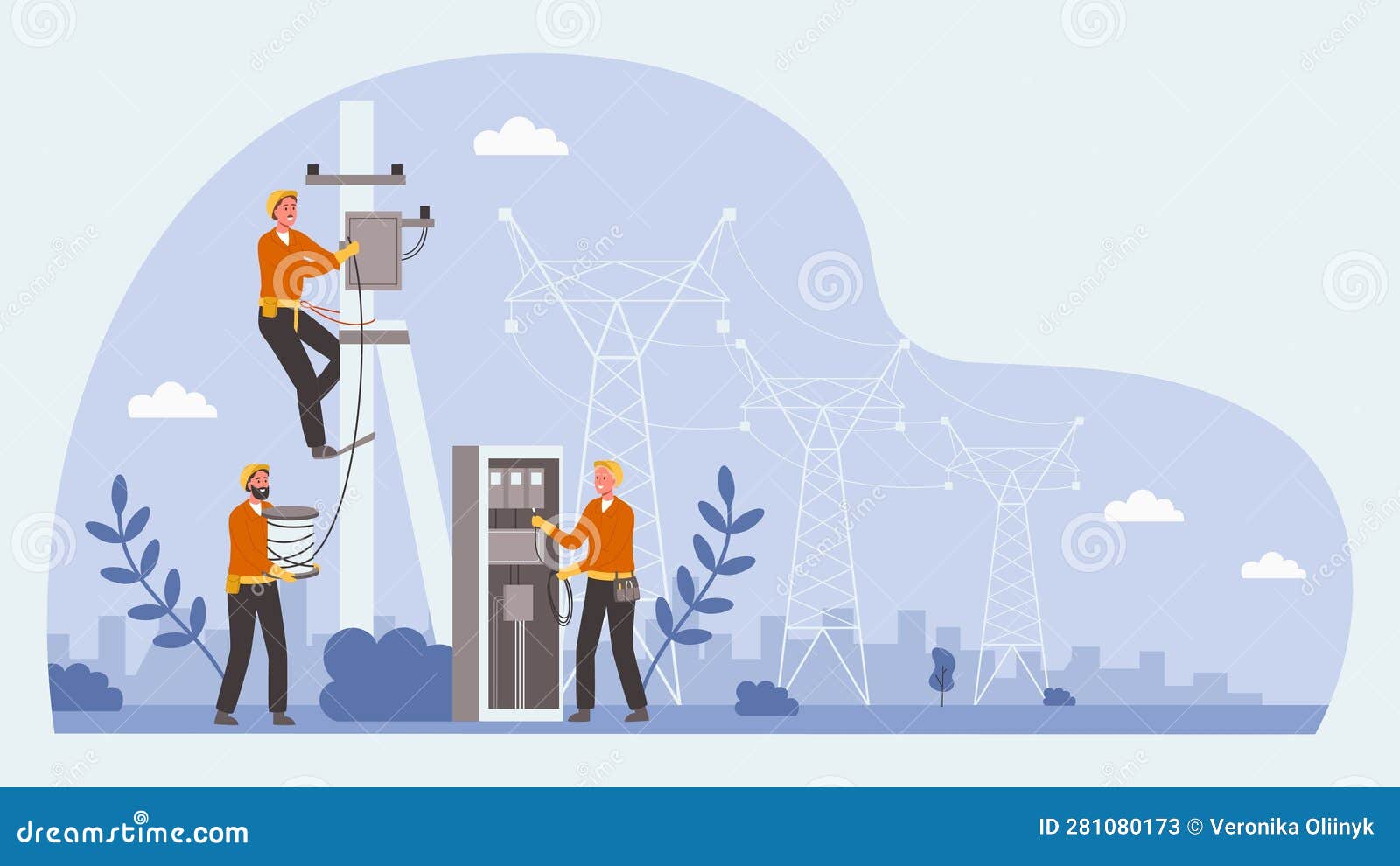 Electric Workers Team. Transformer Service, Electrical Power Lines ...