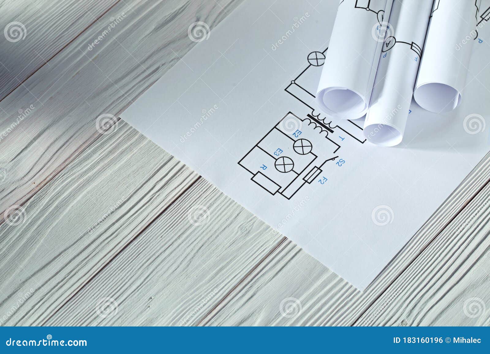 Electrical Blueprints on Vintage White Wood Stock Photo - Image of ...