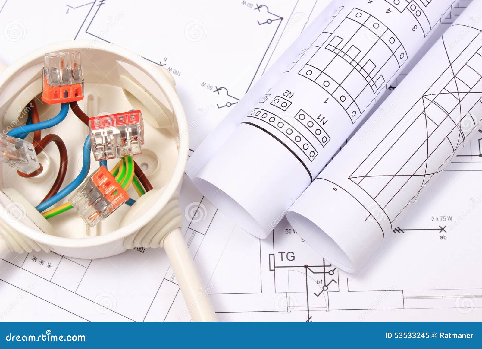 Electrical Box with Cables and Diagrams on Construction Drawing Stock ...