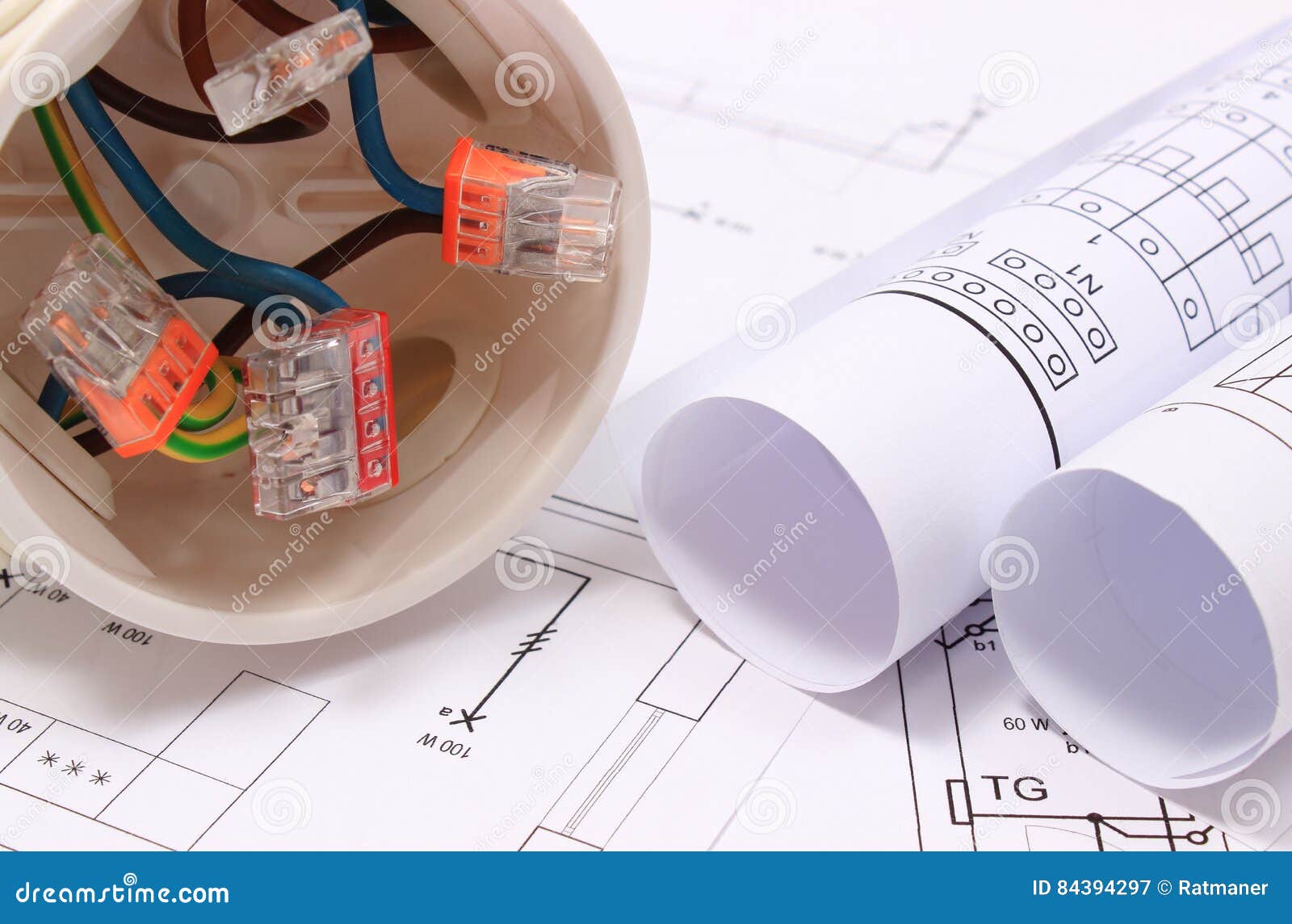 Electrical Box with Cables and Diagrams on Construction Drawing Stock ...