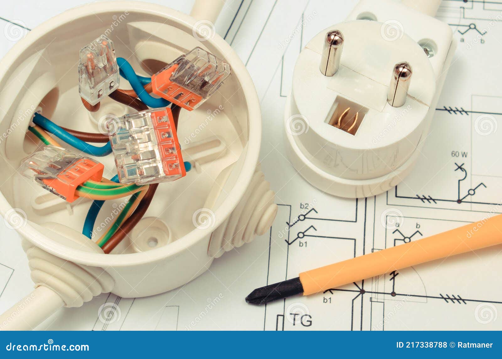 Electrical Box with Connections of Electric Wires and Plug with ...