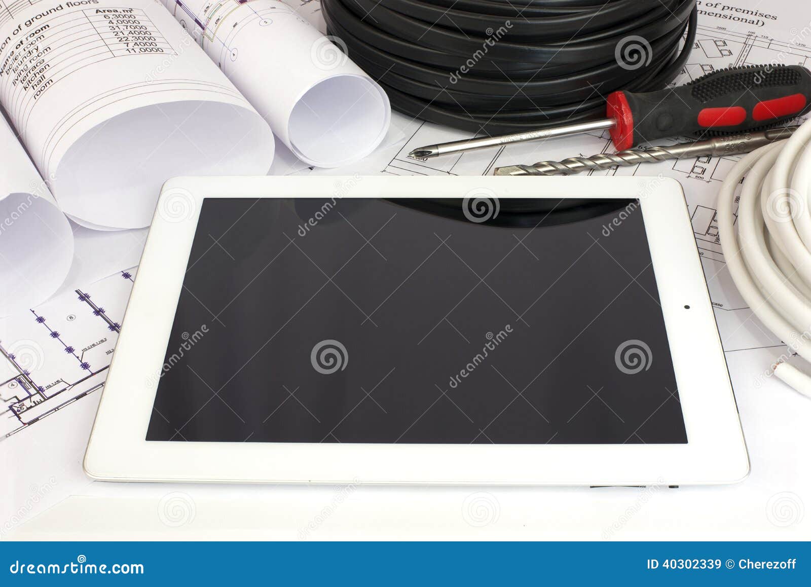 Electrical Cable and Tablet on the Drawings Stock Image - Image of ...