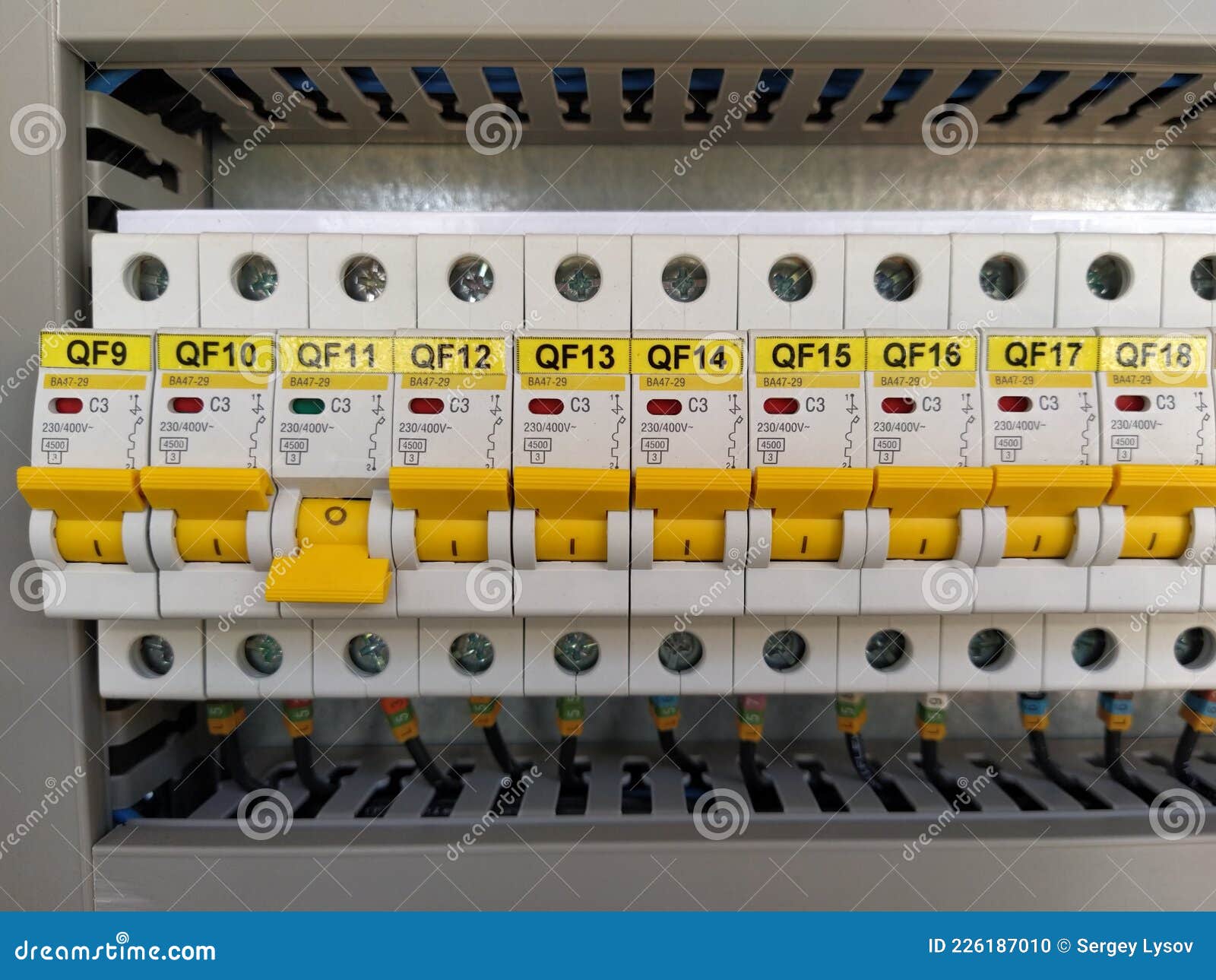 Electrical Circuit Breakers Connected with Wire Stock Photo - Image of ...