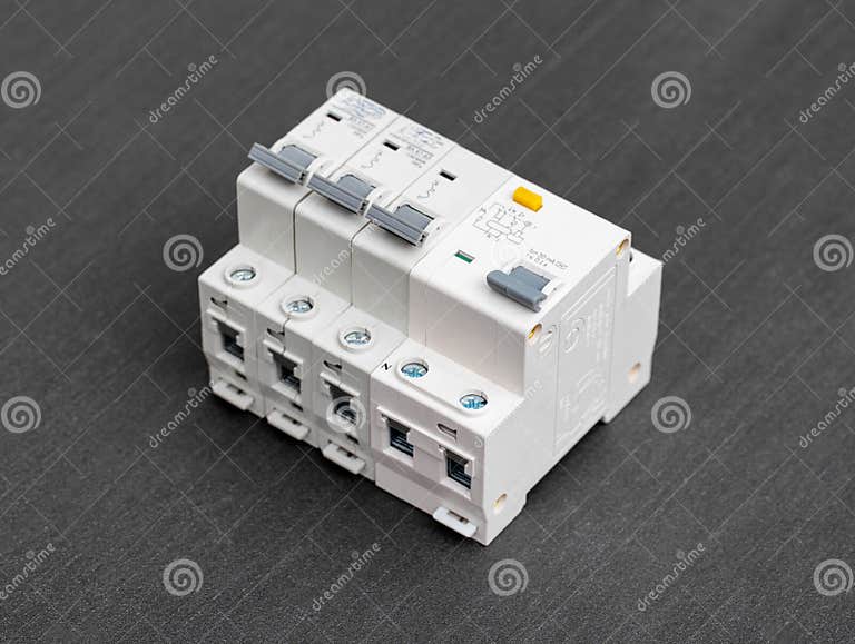 Electrical Circuit Breakers on a Gray Background, Close-up. Designed ...