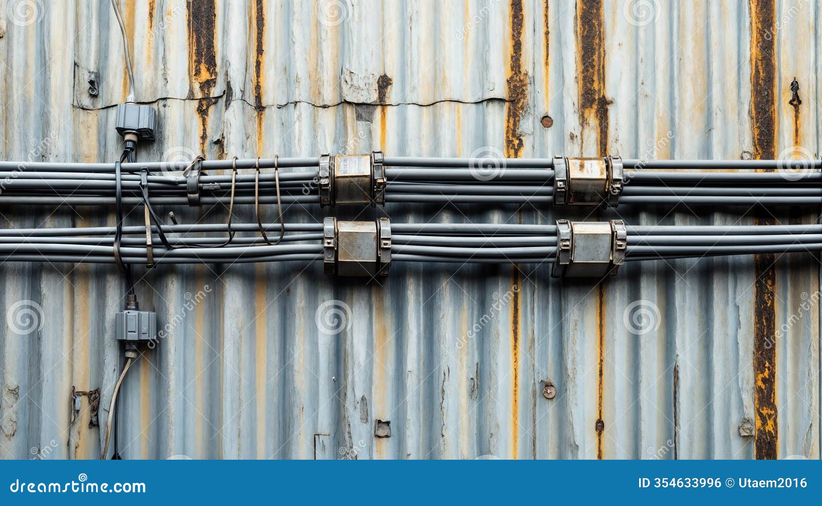 Electrical Conduits Running Along Rusty Corrugated Metal Wall Stock ...
