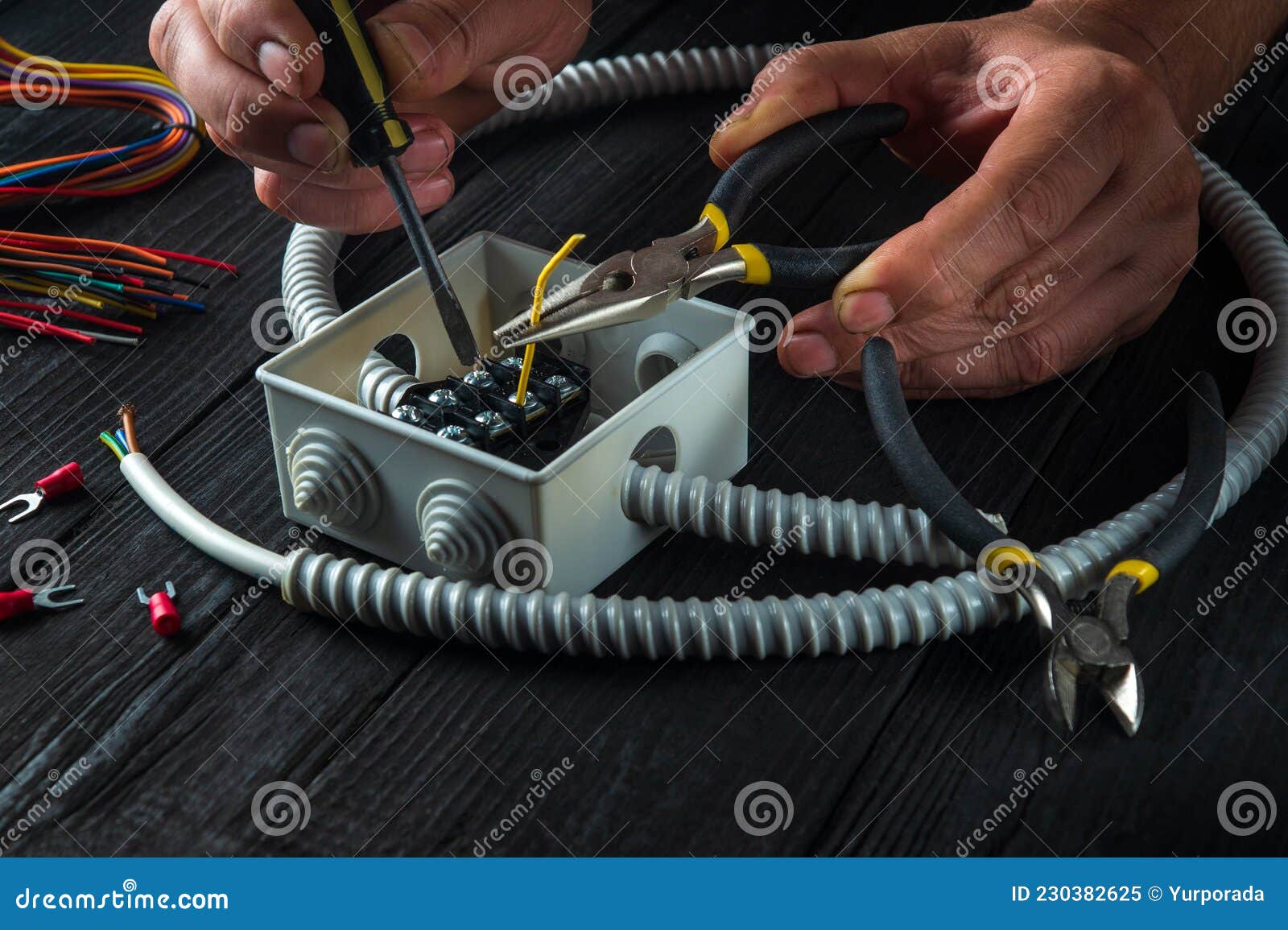 Electrical Connection in the Workshop of a Master Electrician. Close-up ...