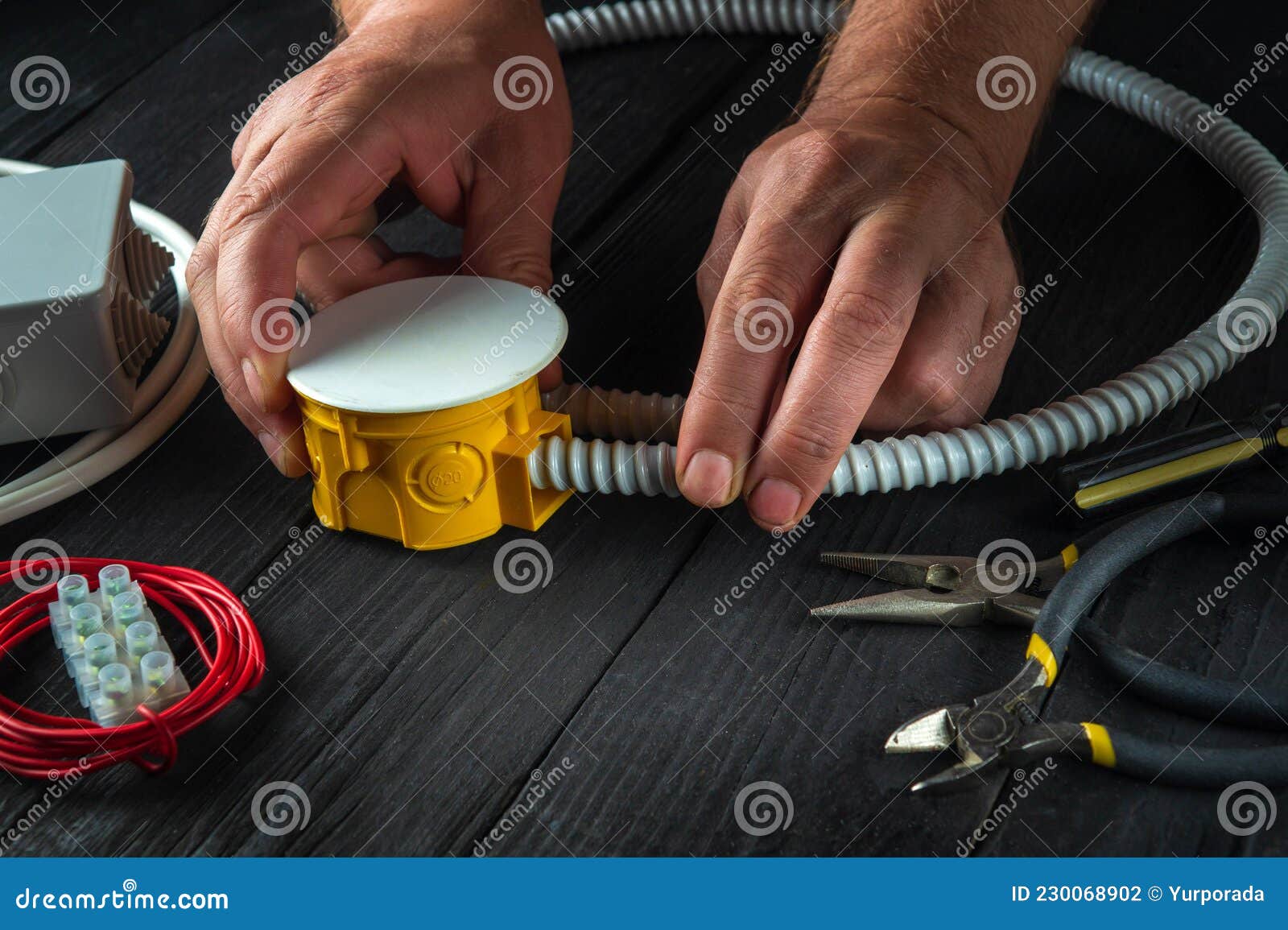 Electrical Connection in the Workshop of Master Electrician. Close-up ...
