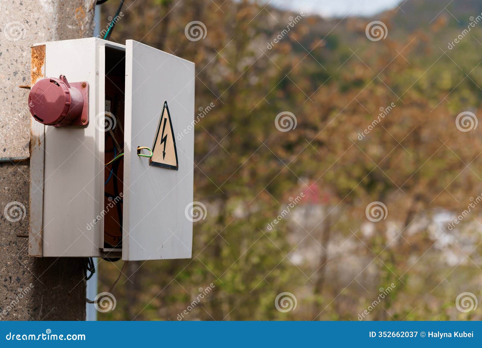 Electrical Control Box with Warning Sign in a Natural Setting Stock ...
