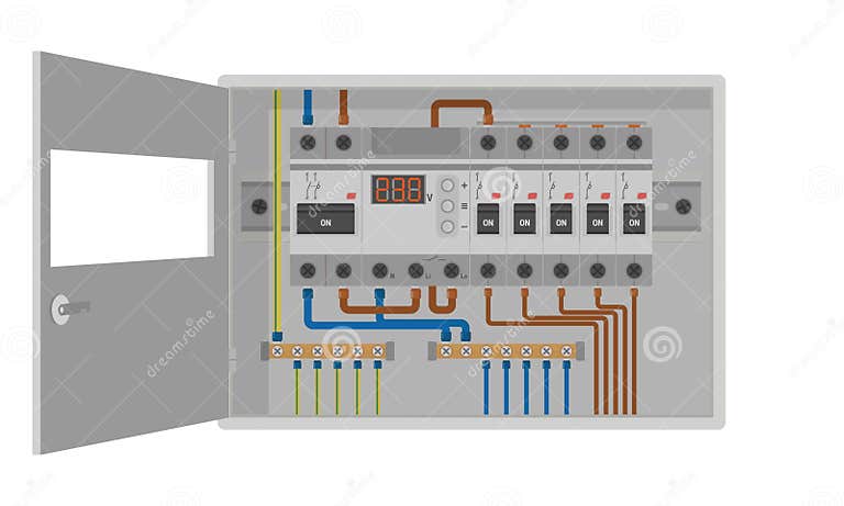 Electrical Control Panel with Circuit Breakers, Voltage Monitoring Relay and Connected Wires ...
