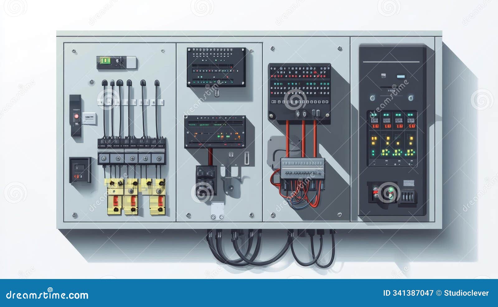 Electrical Control Panel with Switches and Wiring on a White Background ...